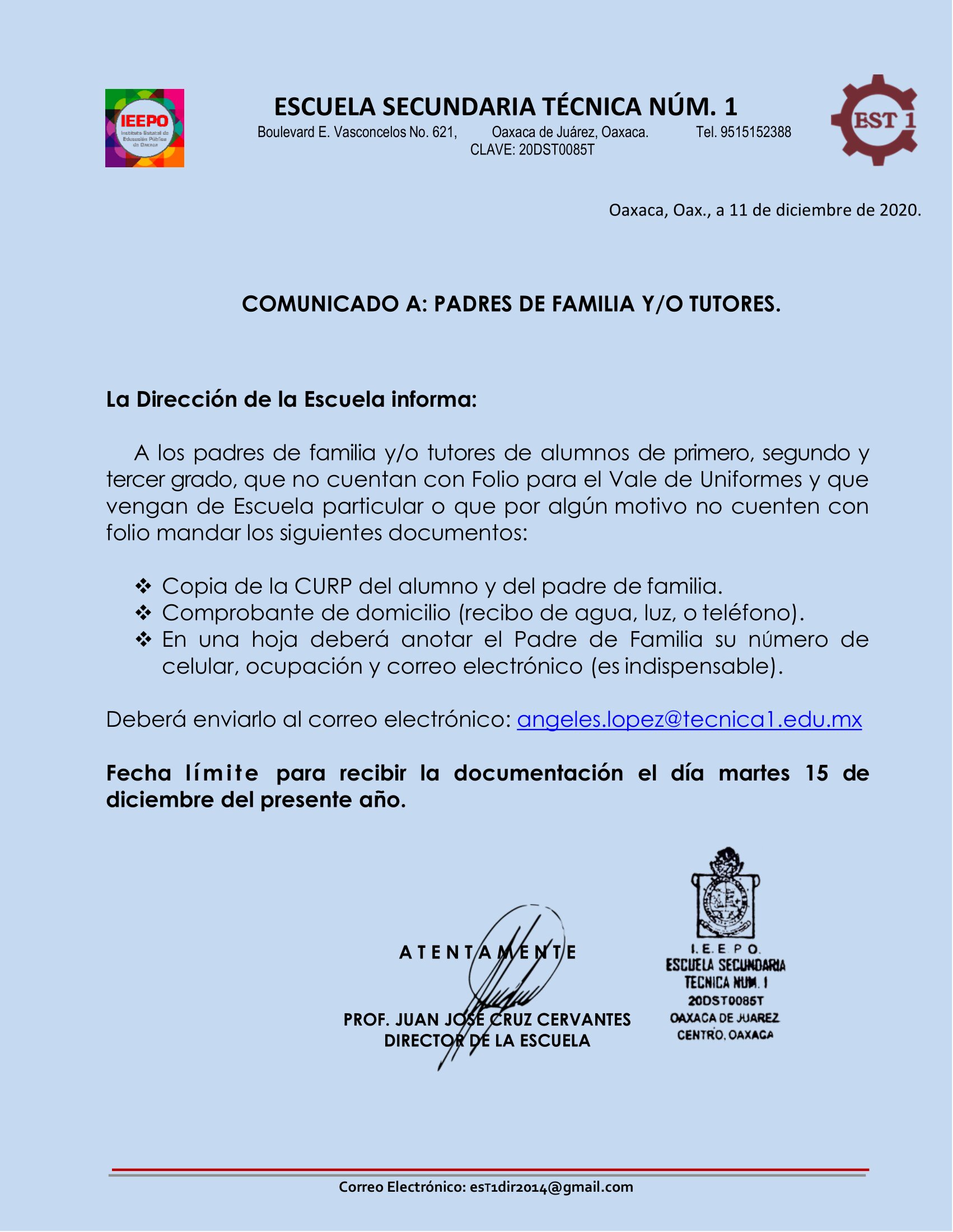 Comunicado a Padres y/o Tutores. - EST. Núm. 1
