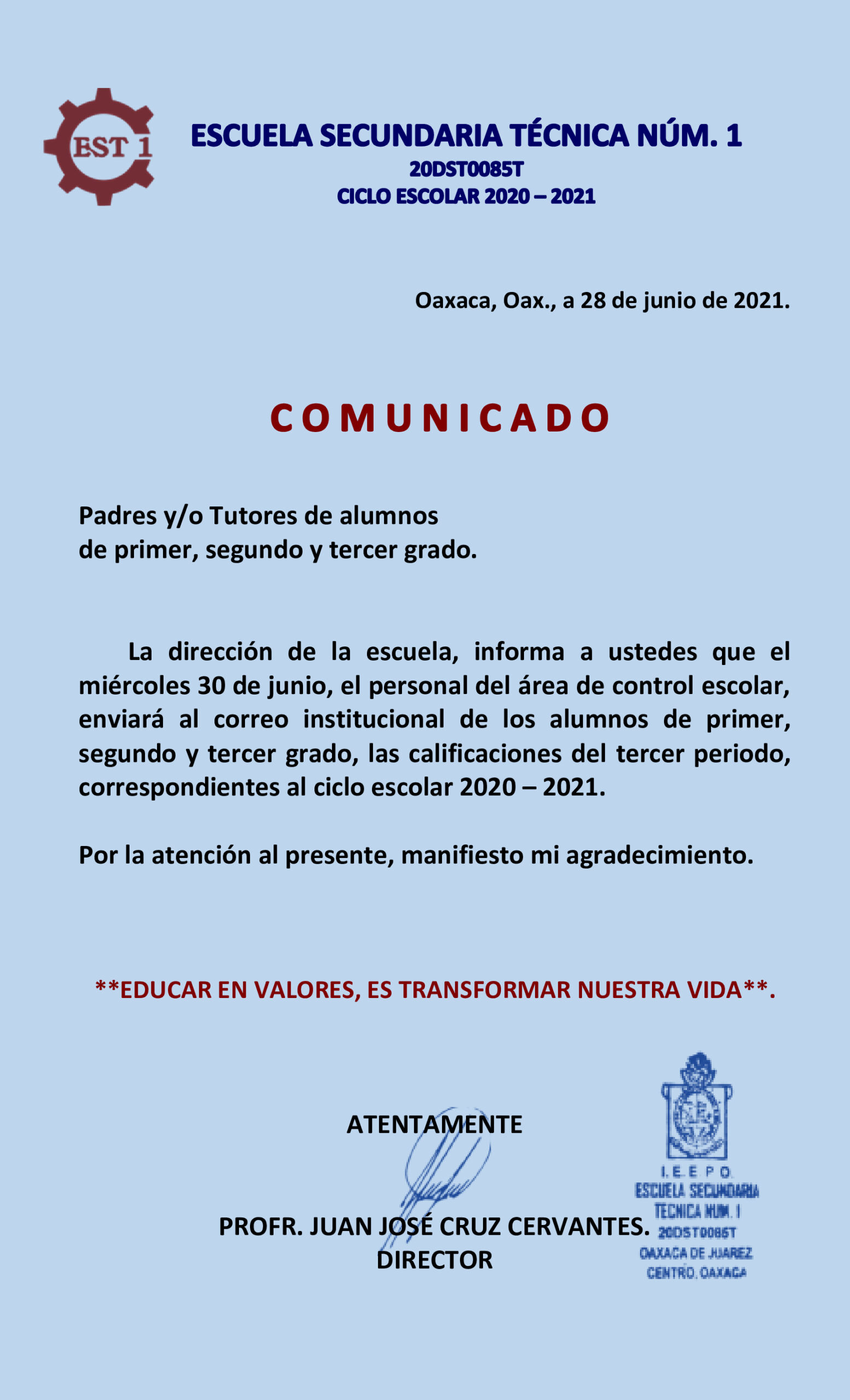 Comunicado a Padres y/o tutores de alumnos de 1°, 2° y 3°. - EST. Núm. 1